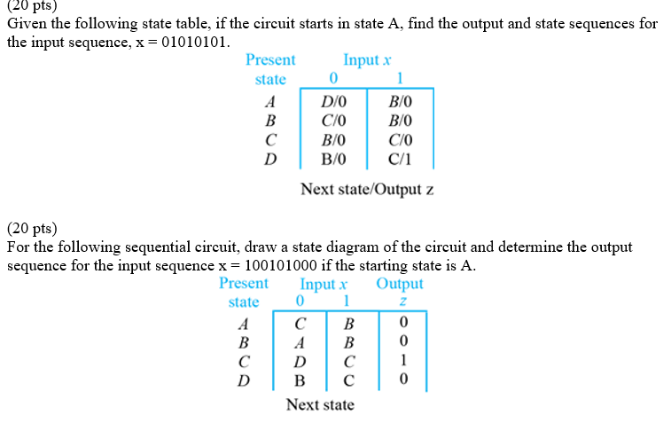 Solved (20 pts) Given the following state table, if the | Chegg.com
