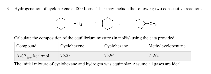 Solved 3. Hydrogenation of cyclohexene at 800 K and 1 bar | Chegg.com