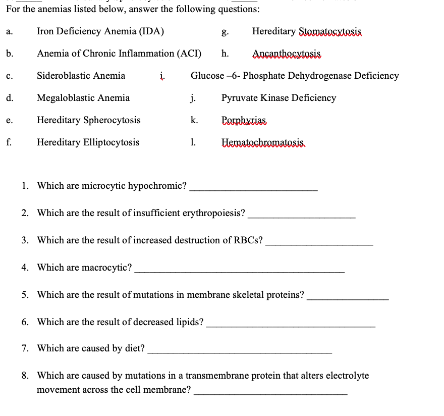 Solved For the anemias listed below, answer the following | Chegg.com