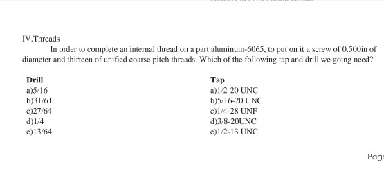 Solved IV.Threads In order to complete an internal thread on | Chegg.com