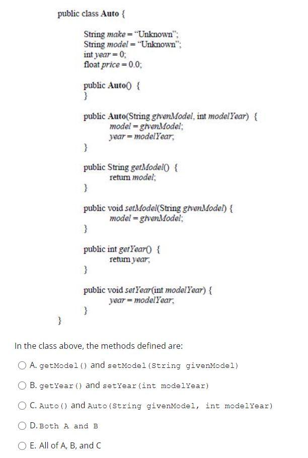Solved public class Auto String make = "Unknown"; String | Chegg.com