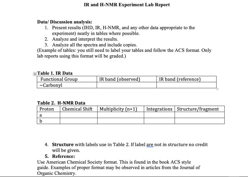 Solved IR And H NMR Experiment Lab Report Data Discussion Chegg