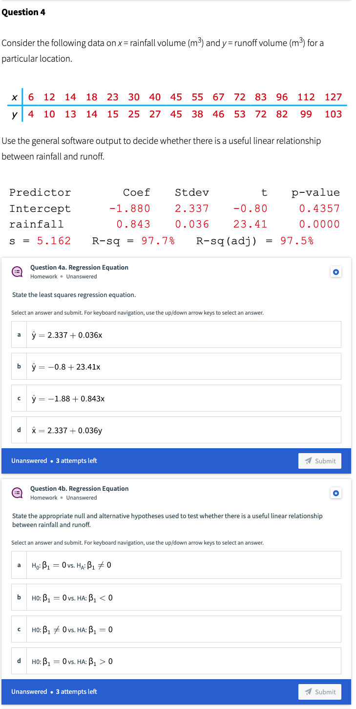 Solved Consider the following data on x= rainfall volume | Chegg.com