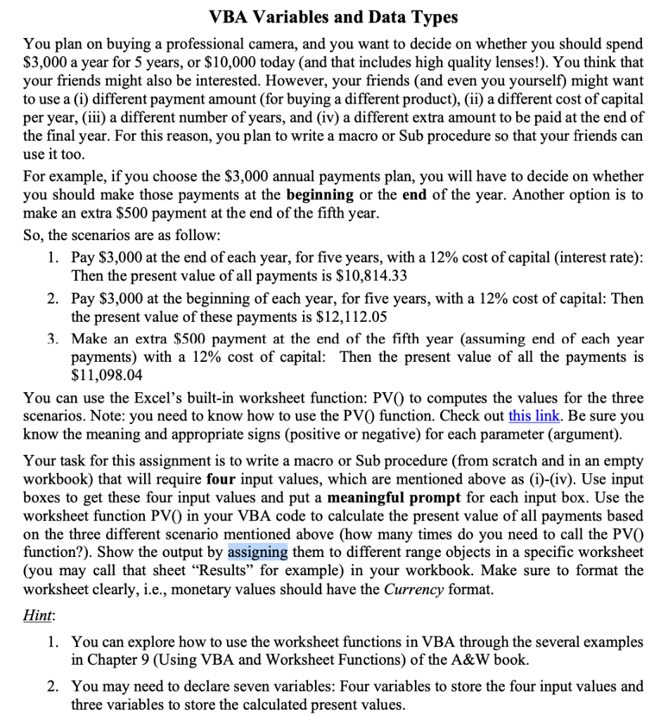 Solved VBA Variables and Data Types You plan on buying a | Chegg.com