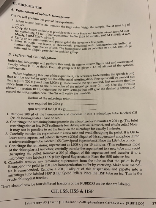 I11. PROCEDURE A. Preparation of Spinach Homogenate | Chegg.com