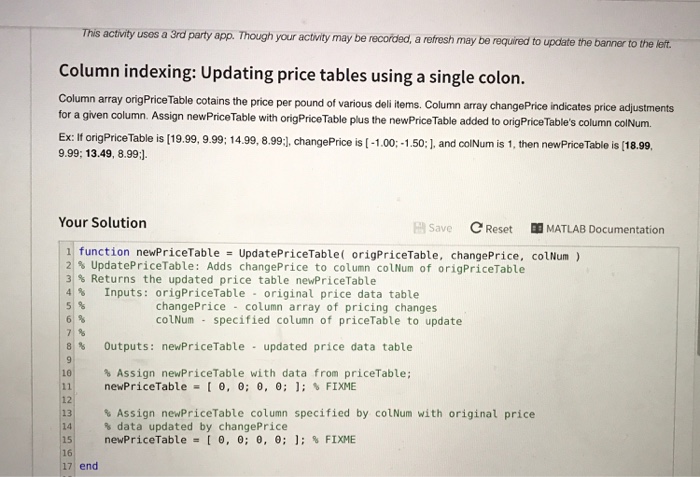 Solved Column array origPriceTable contains the price per | Chegg.com