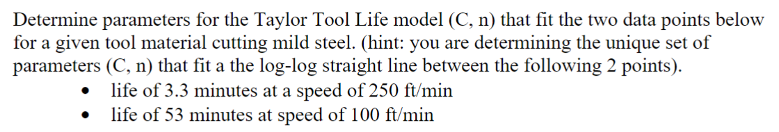 Solved Determine parameters for the Taylor Tool Life model | Chegg.com