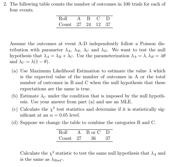 Solved 2. The following table counts the number of outcomes | Chegg.com