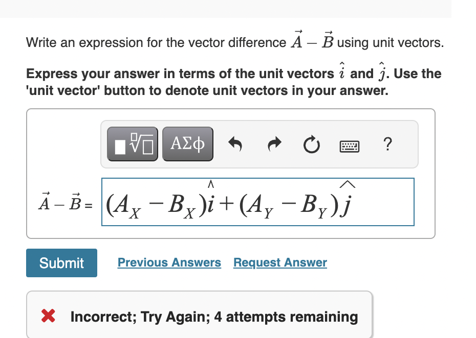Write an expression for the vector difference A−B | Chegg.com
