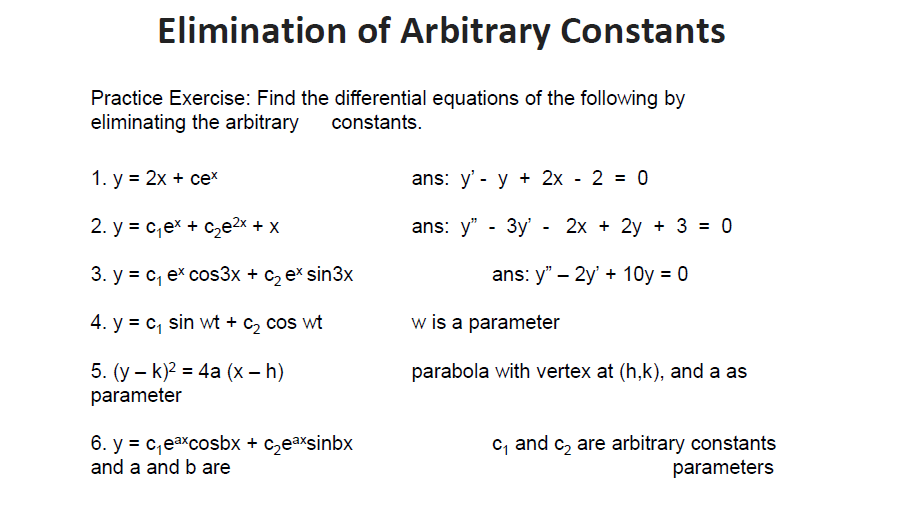 Solved Elimination of Arbitrary Constants Practice Exercise: | Chegg.com