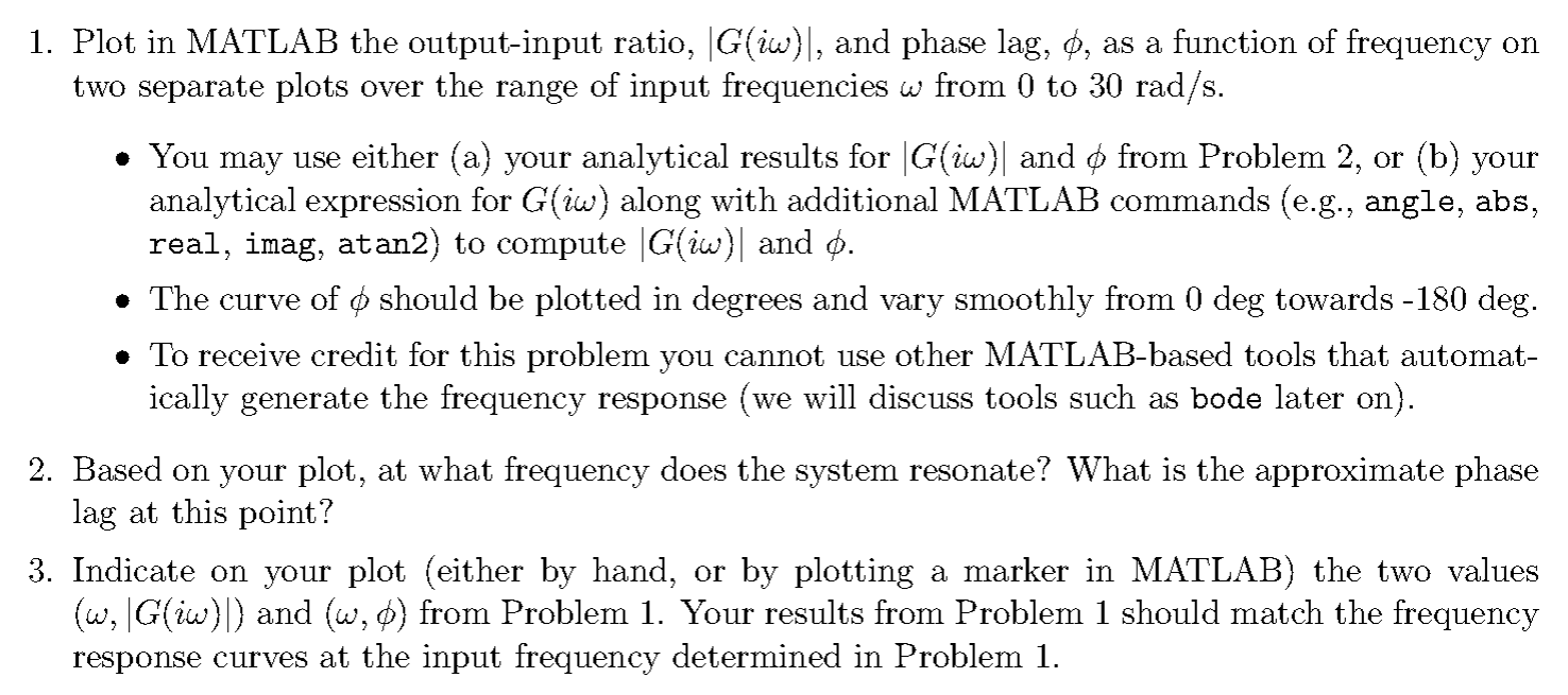 1. Plot in MATLAB the output-input ratio, (G(iw), and | Chegg.com