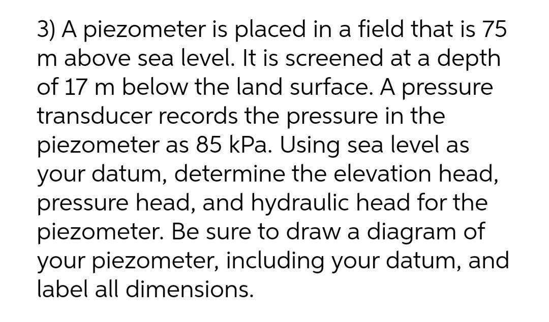 Solved 3) A piezometer is placed in a field that is 75 m | Chegg.com