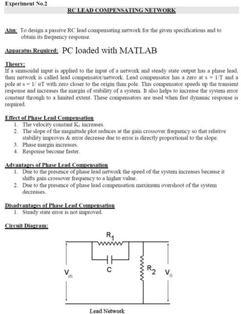 Experiment No.2 RC LEAD COMPENSATING NETWORK Alm. To | Chegg.com