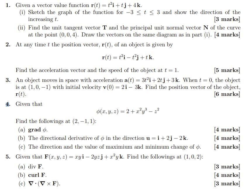 Solved 1. Given a vector value function r(t) = t’i +tj + 4k. | Chegg.com