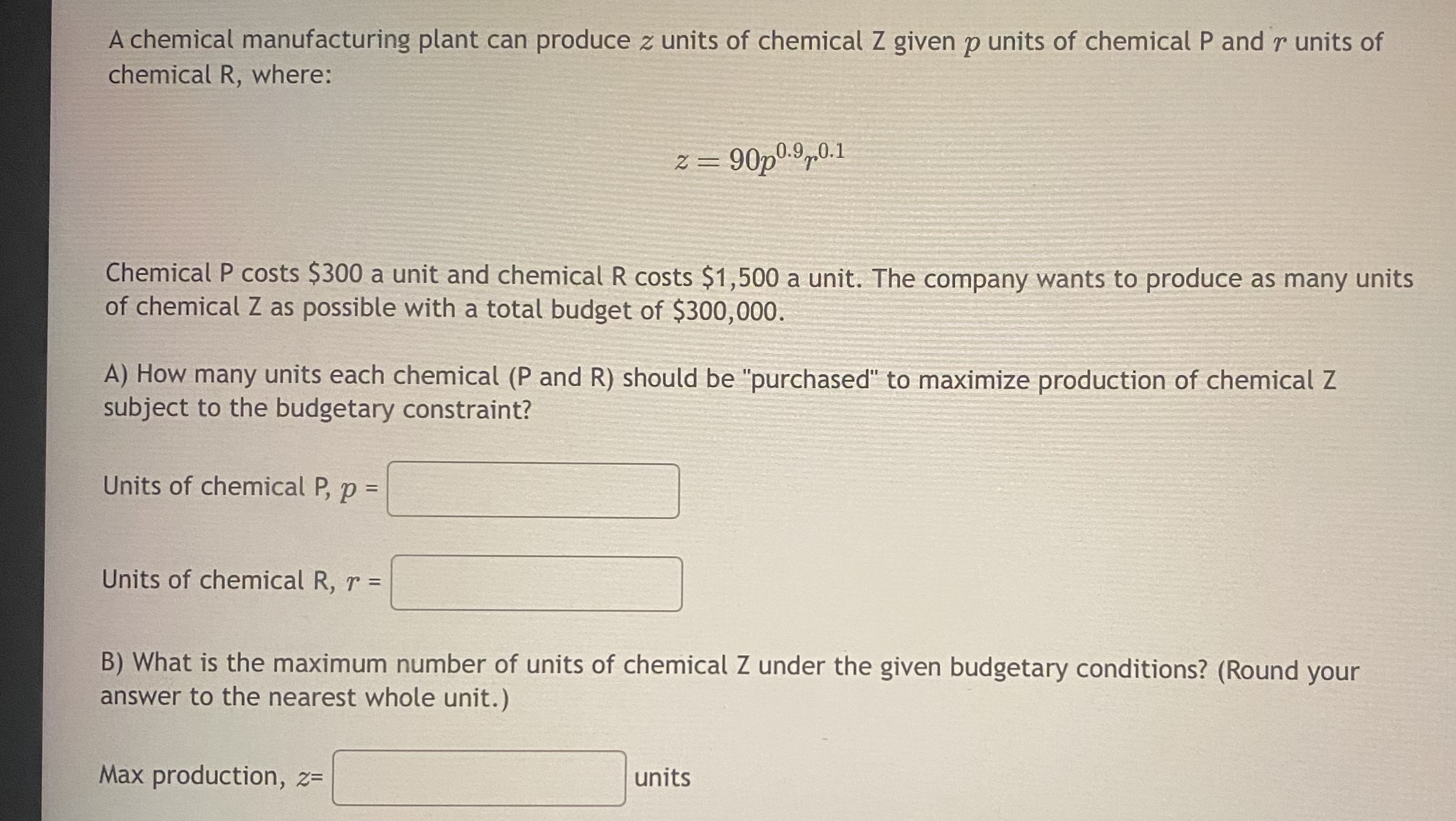 Solved A chemical manufacturing plant can produce \\( z \\) | Chegg.com