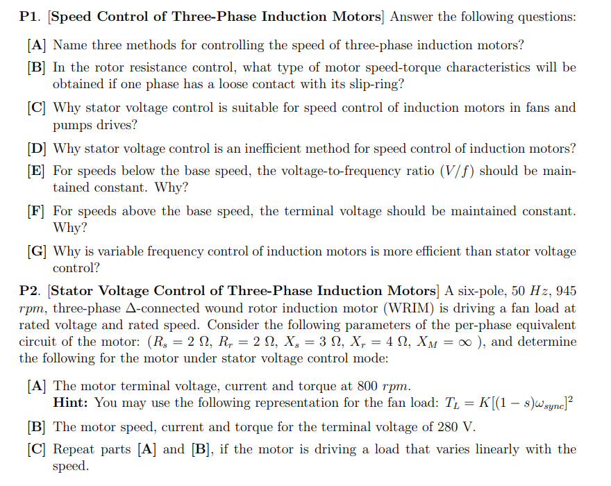 Solved P1. [Speed Control of Three-Phase Induction Motors] | Chegg.com