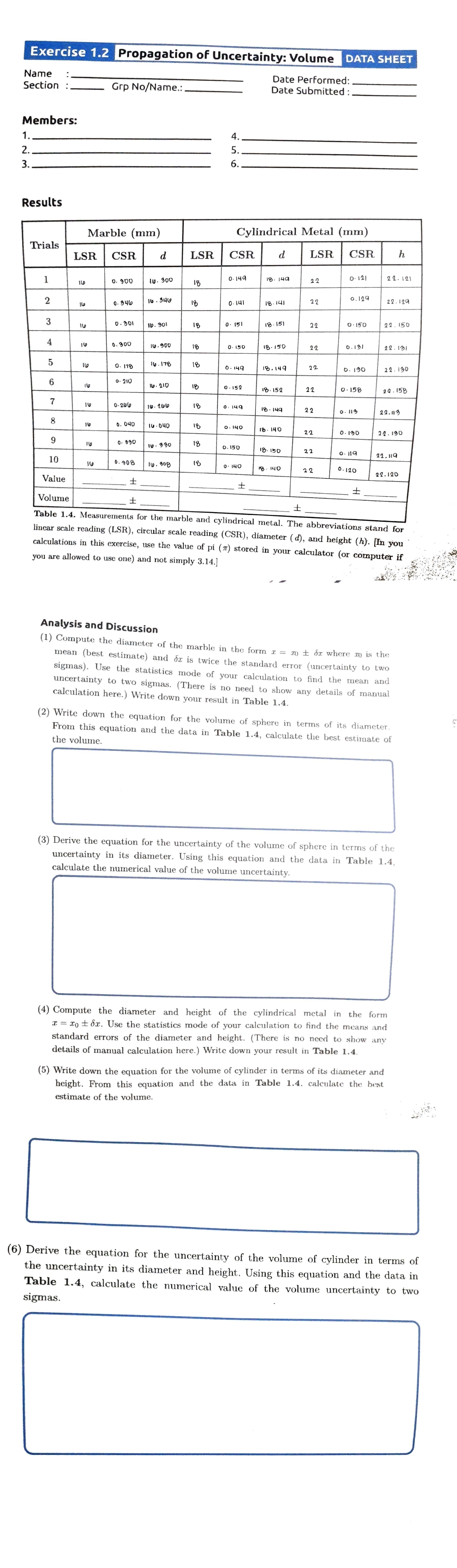 Exercise 1.2: Propagation of Uncertainty: VolumeHow | Chegg.com