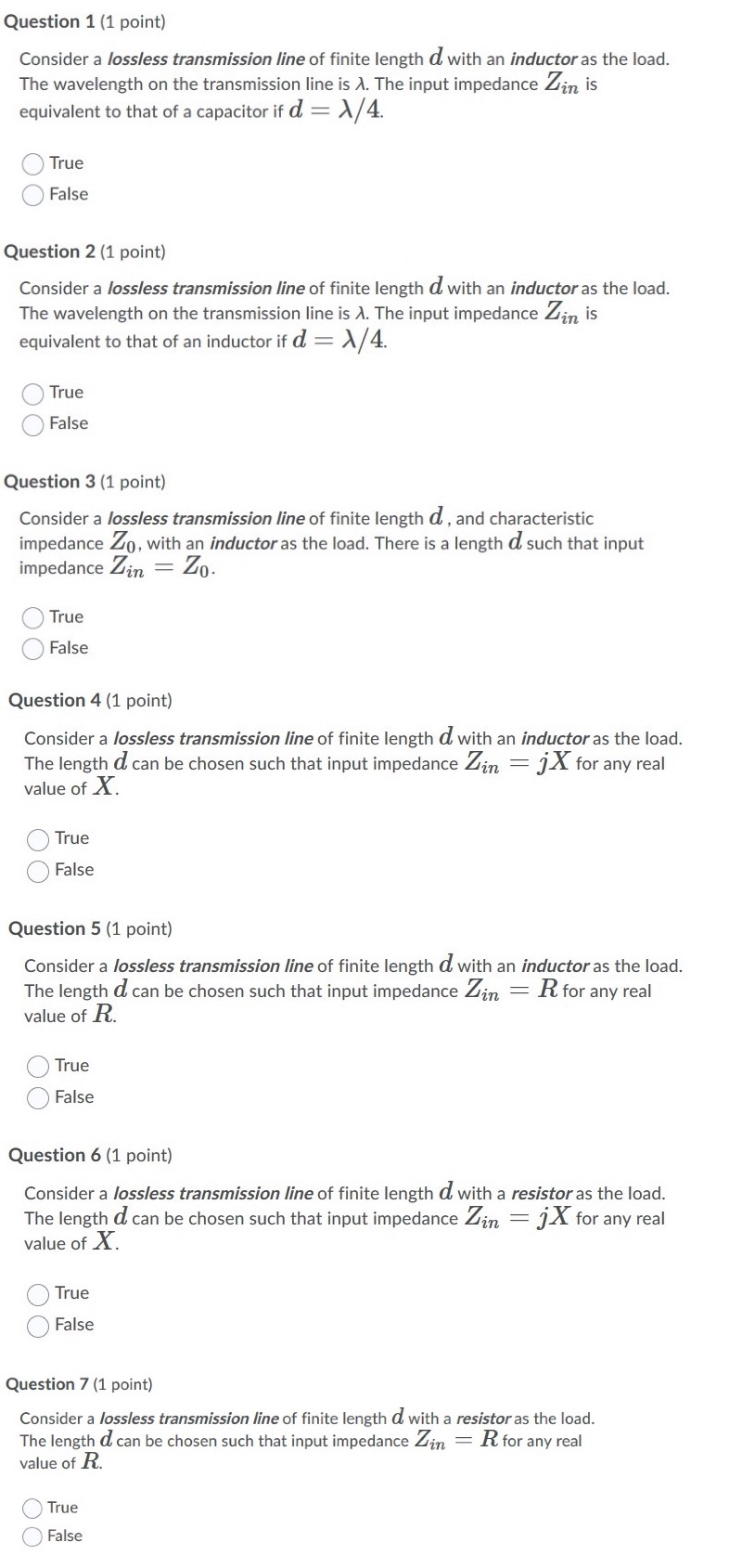 Solved Question 1 (1 point) Consider a lossless transmission | Chegg.com