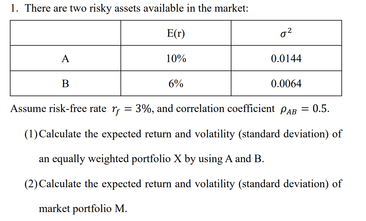 Solved 1. There are two risky assets available in the | Chegg.com