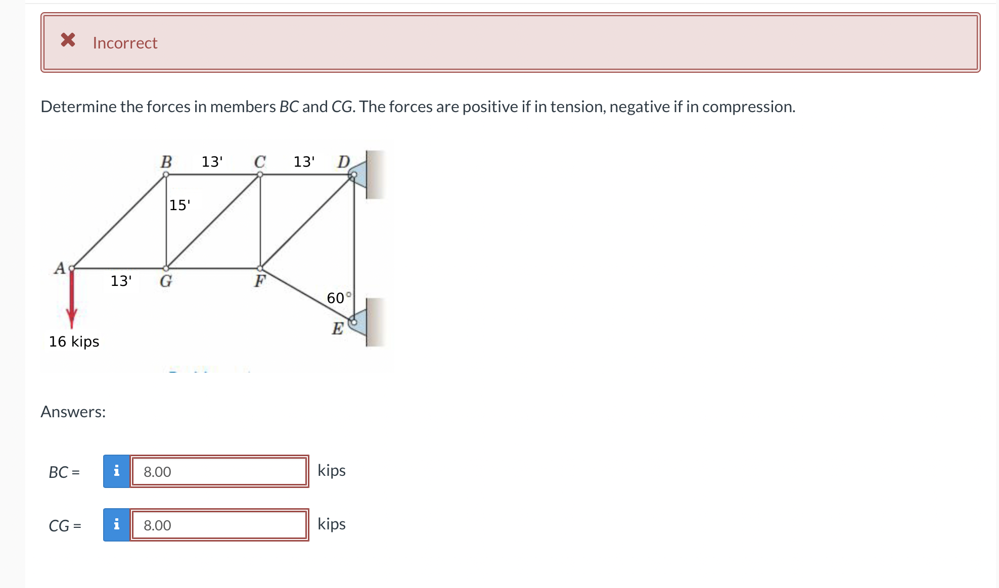Solved Determine the forces in members BC and CG. The forces | Chegg.com