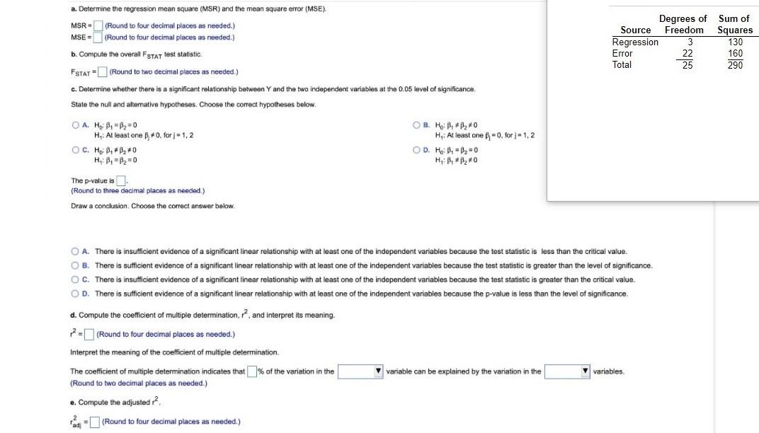 Solved a. Determine the regression mean square (MSR) and the | Chegg.com