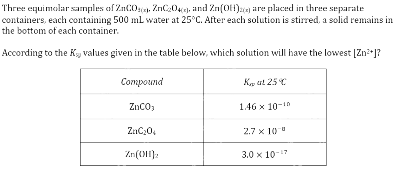 Solved Three equimolar samples of ZnCO3(s), ZnC2O4(s), and | Chegg.com