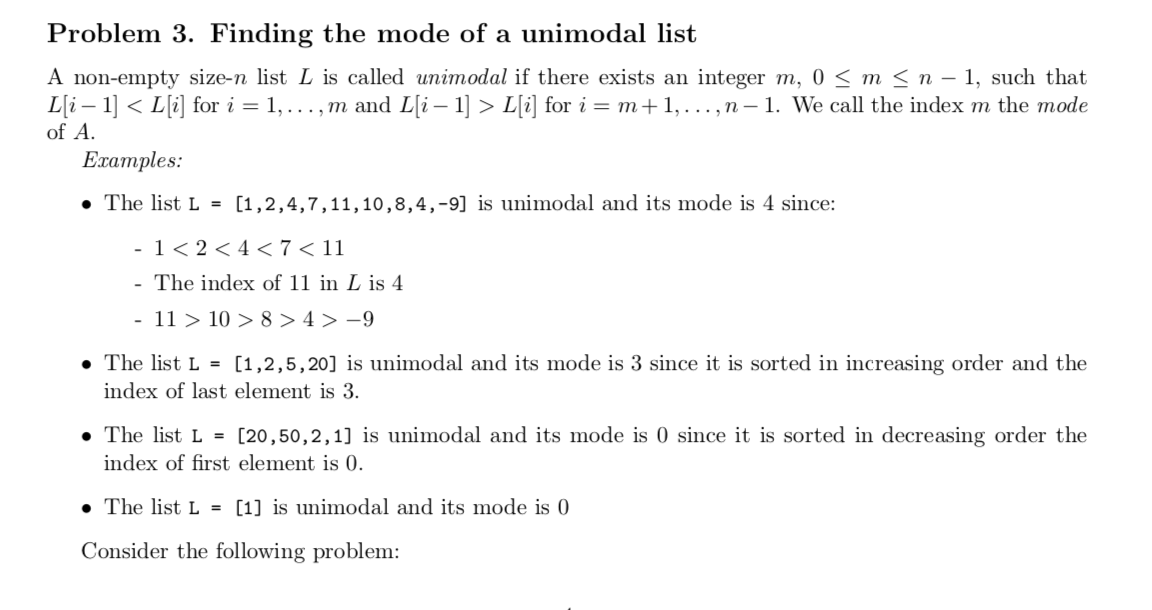 Solved Problem 3. Finding the mode of a unimodal list A | Chegg.com