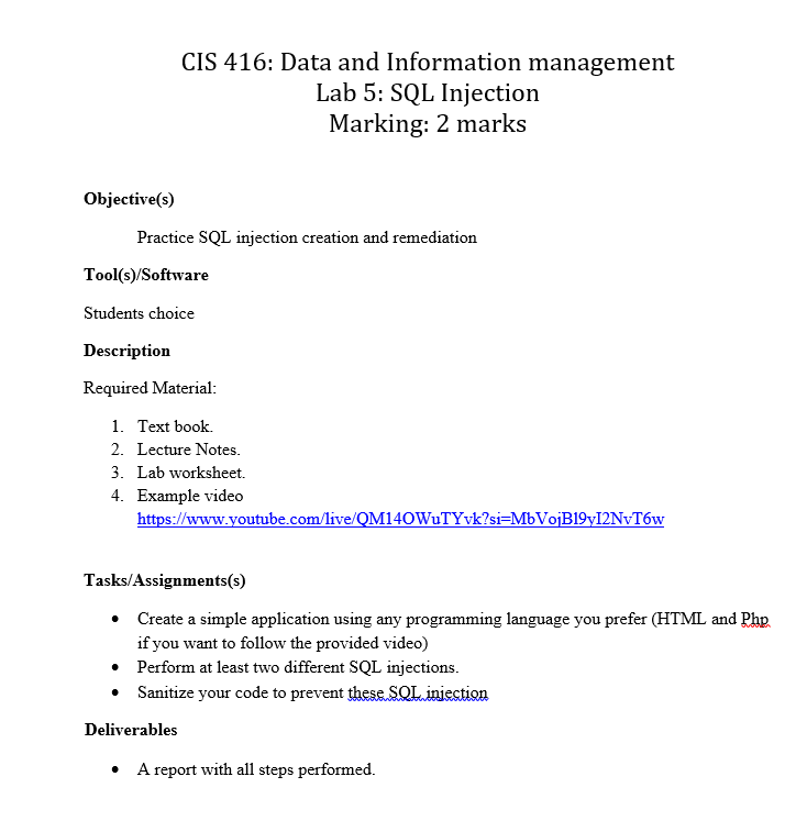 CIS 416: Data and Information management Lab 5: SQL | Chegg.com