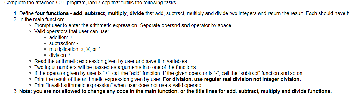 Solved 1. Define four functions - add, subtract, multiply, | Chegg.com