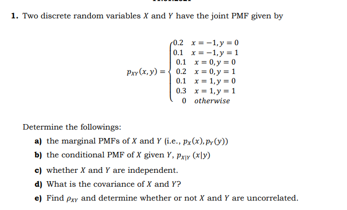 Solved 1. Two discrete random variables X and Y have the | Chegg.com
