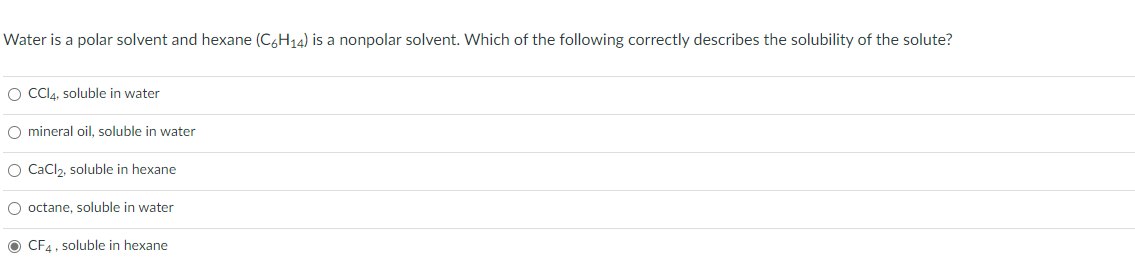 Solved Water is a polar solvent and hexane (C6H14) is a | Chegg.com