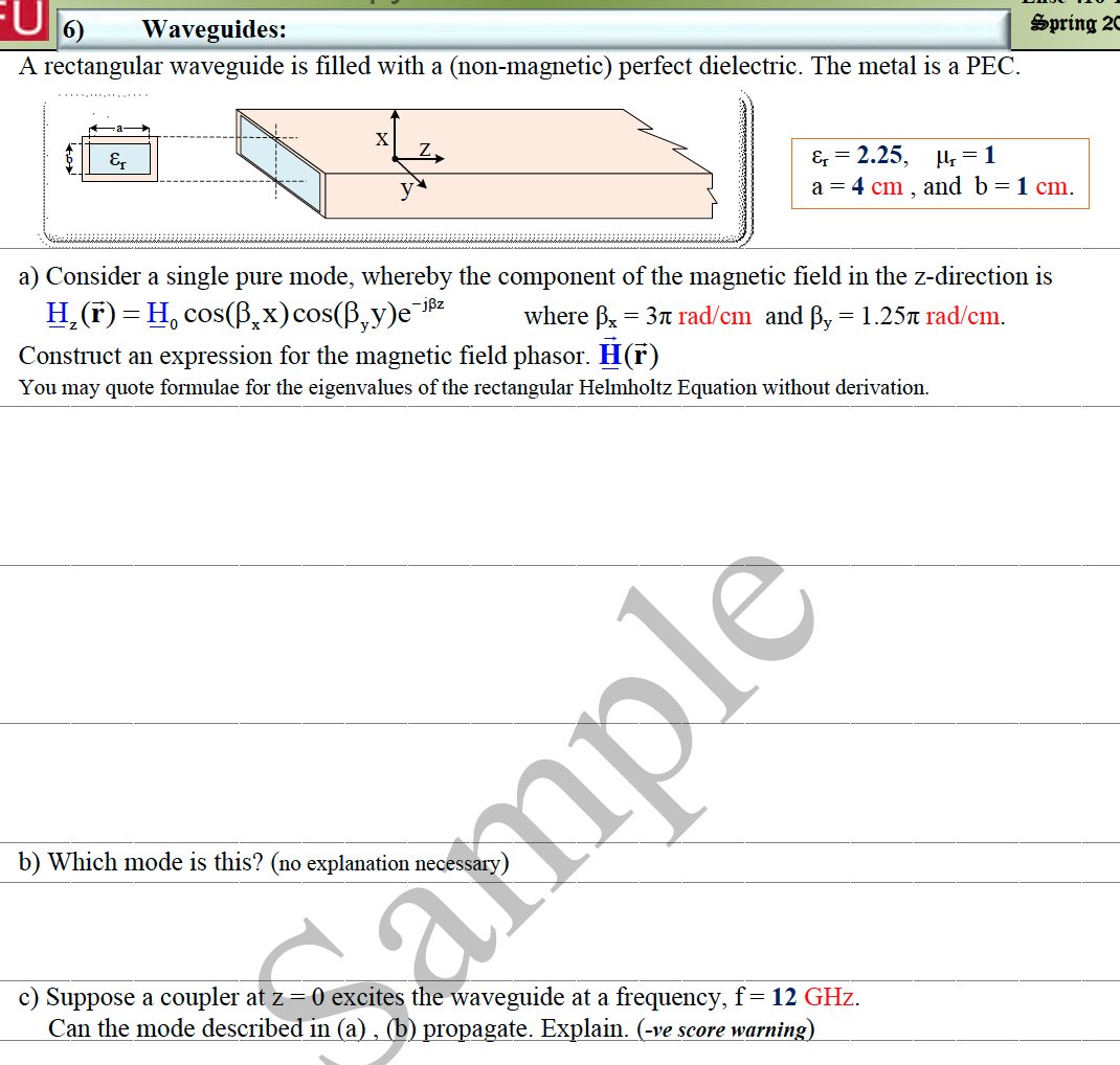 Solved U 6 Waveguides: Spring 20 A rectangular waveguide is | Chegg.com