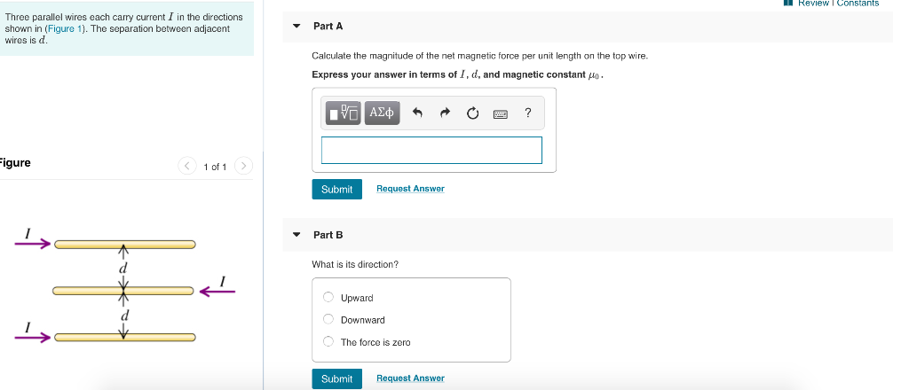 Solved 1 Review | Constants Three parallel wires each carry | Chegg.com