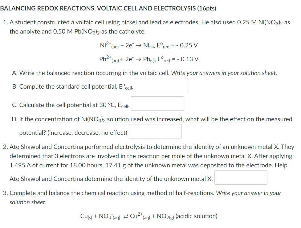 Solved BALANCING REDOX REACTIONS, VOLTAIC CELL AND | Chegg.com