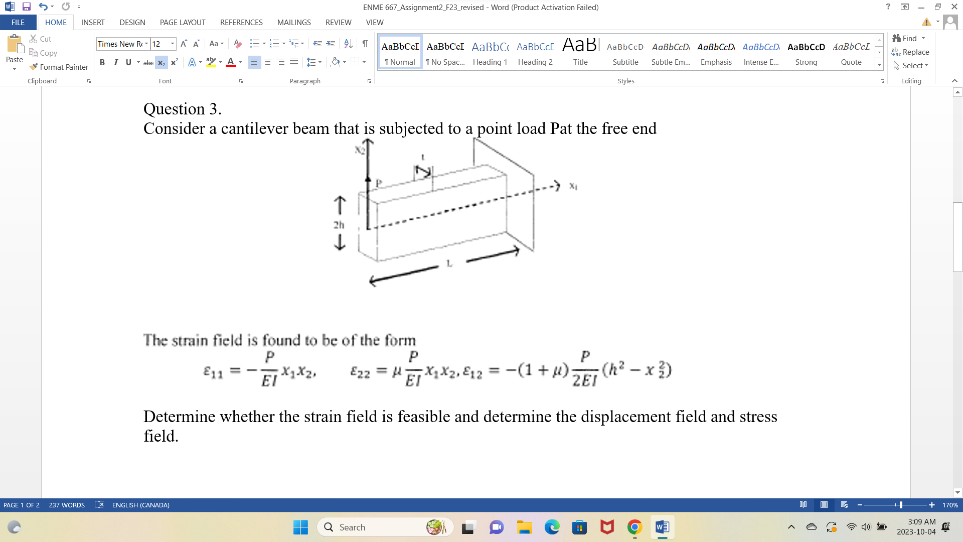 Solved Question 3. Consider a cantilever beam that is | Chegg.com