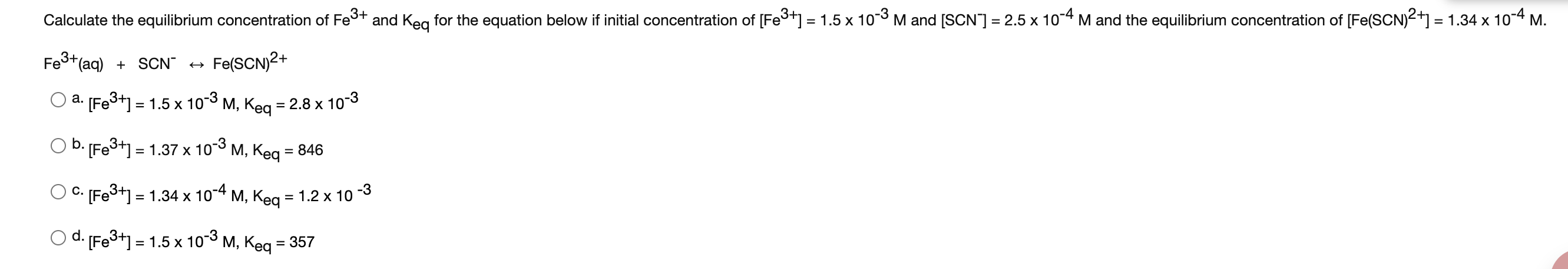 Solved Calculate the equilibrium concentration of Fe3+ and | Chegg.com