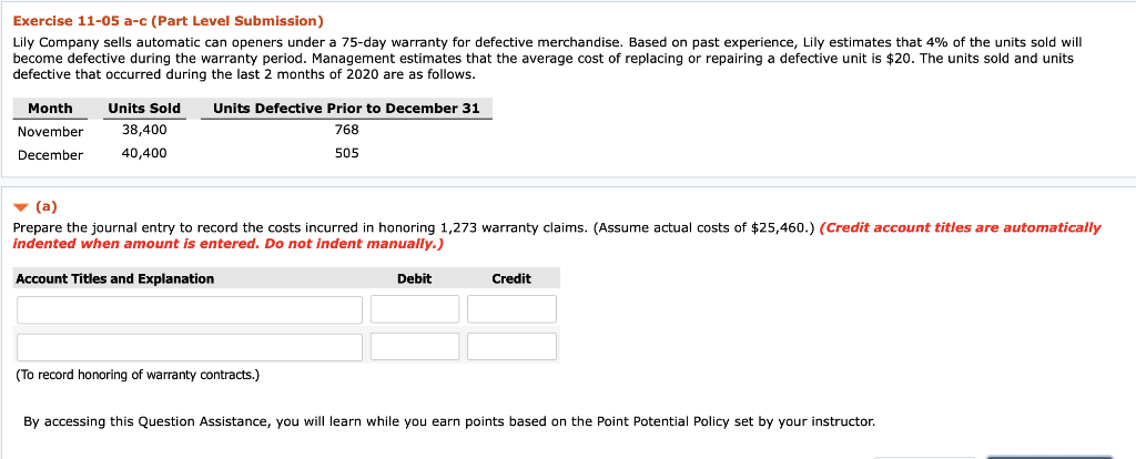 Solved Exercise 11-05 a-c (Part Level Submission) Lily | Chegg.com
