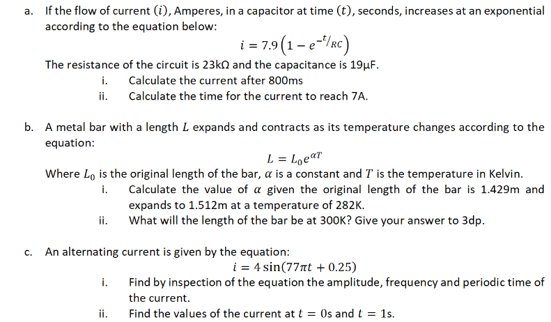 Solved a. If the flow of current ( i), Amperes, in a | Chegg.com
