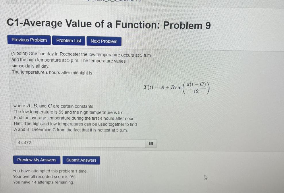 Solved C1-Average Value of a Function: Problem 9 (1 point) | Chegg.com