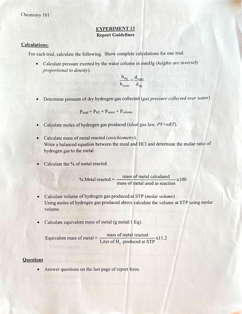 Solved Chemistry 101 Experiment 13 REPORT FORM Data: | Chegg.com