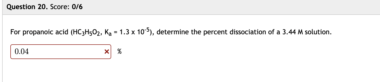 Solved Question 20. Score: 0/6 For propanoic acid (HC3H502, | Chegg.com