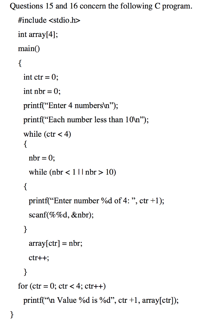 Solved Questions 15 and 16 concern the following C program | Chegg.com