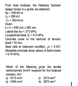 Solved From load analysis, the following factored design | Chegg.com