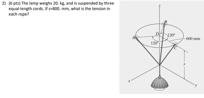 Solved 2) (6 pts) The lamp weighs 20.kg, and is suspended by | Chegg.com