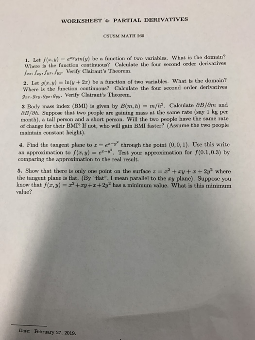 Solved WORKSHEET 4: PARTIAL DERIVATIVES CSUSM MATH 260 1· | Chegg.com
