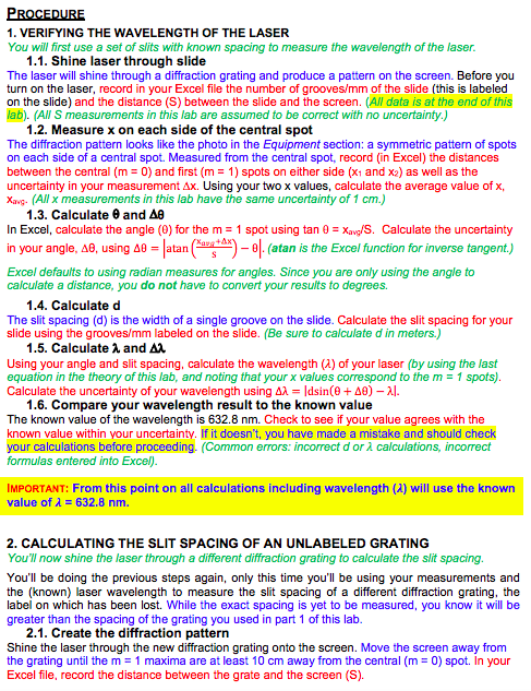 Solved PROCEDURE 1. VERIFYING THE WAVELENGTH OF THE LASER | Chegg.com