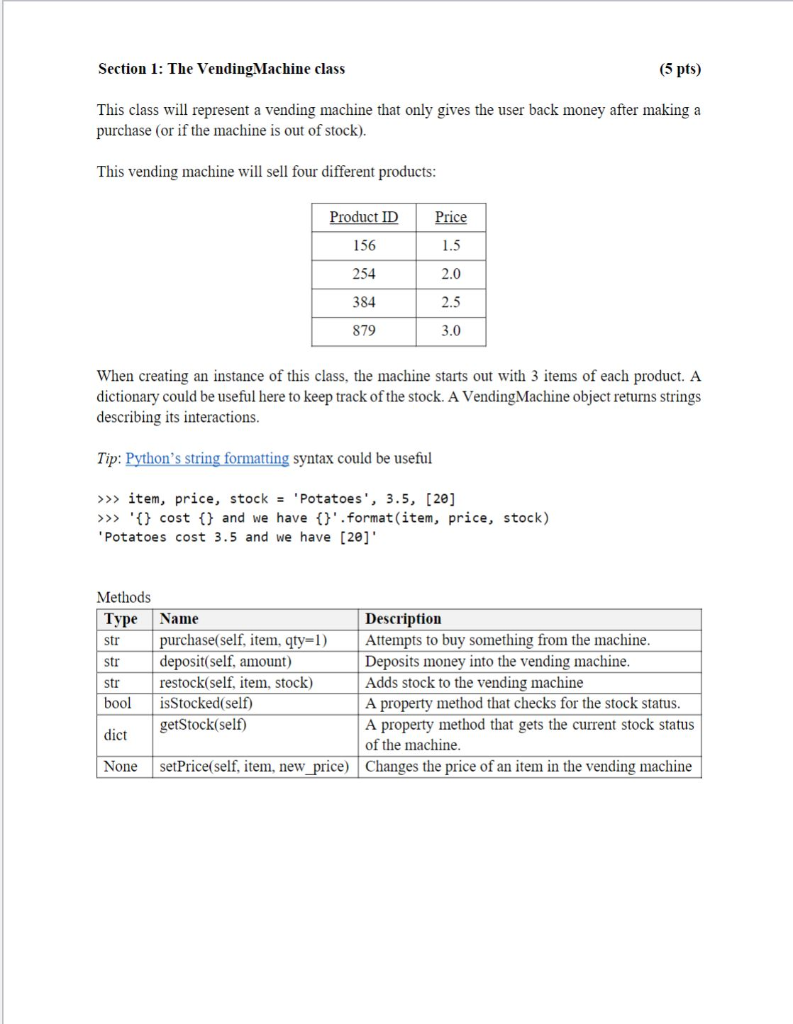 Solved Section 1: The Vending Machine class (5 pts) This | Chegg.com