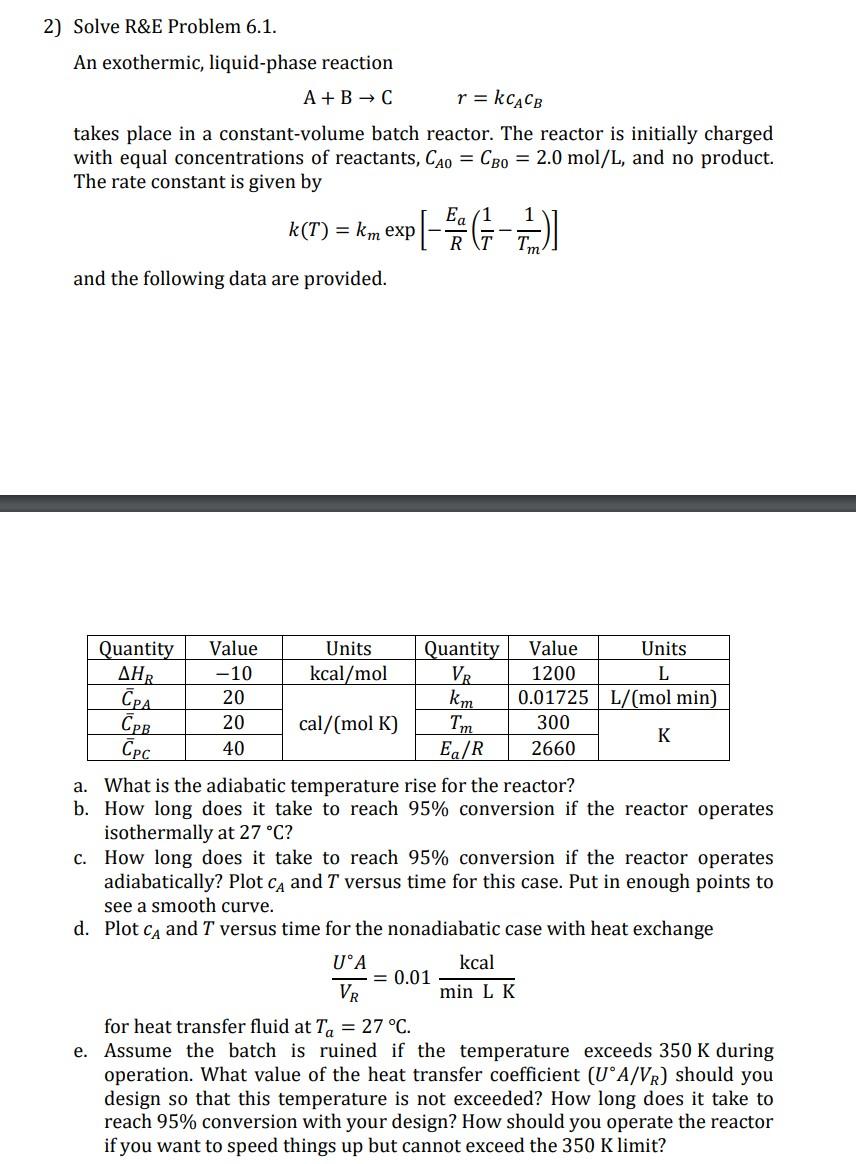 Solved 2) Solve R&E Problem 6.1. An exothermic, liquid-phase | Chegg.com