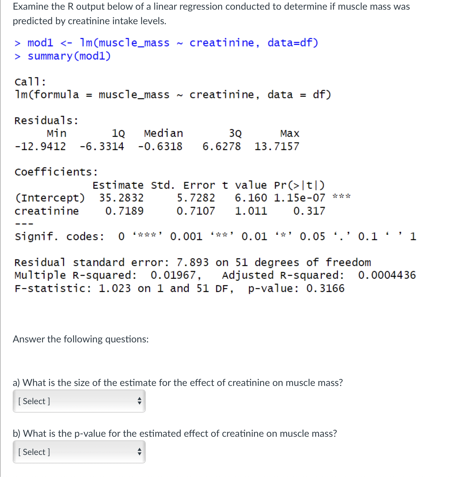 Examine the R output below of a linear regression | Chegg.com