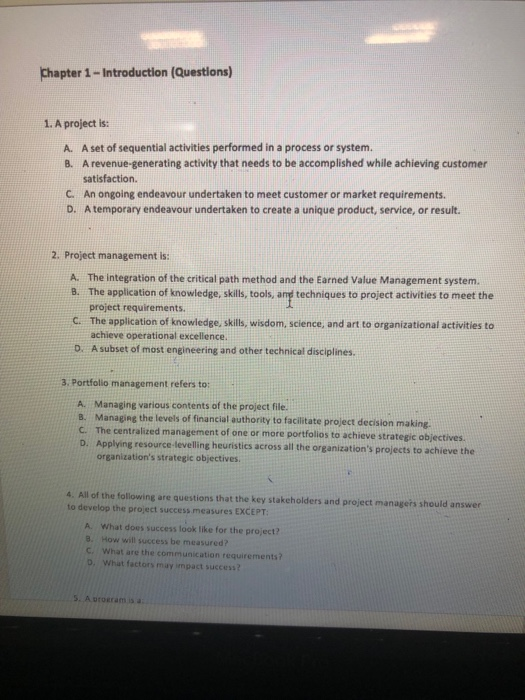 Solved Chapter 1-Introduction (Questions) 1. A project is: | Chegg.com